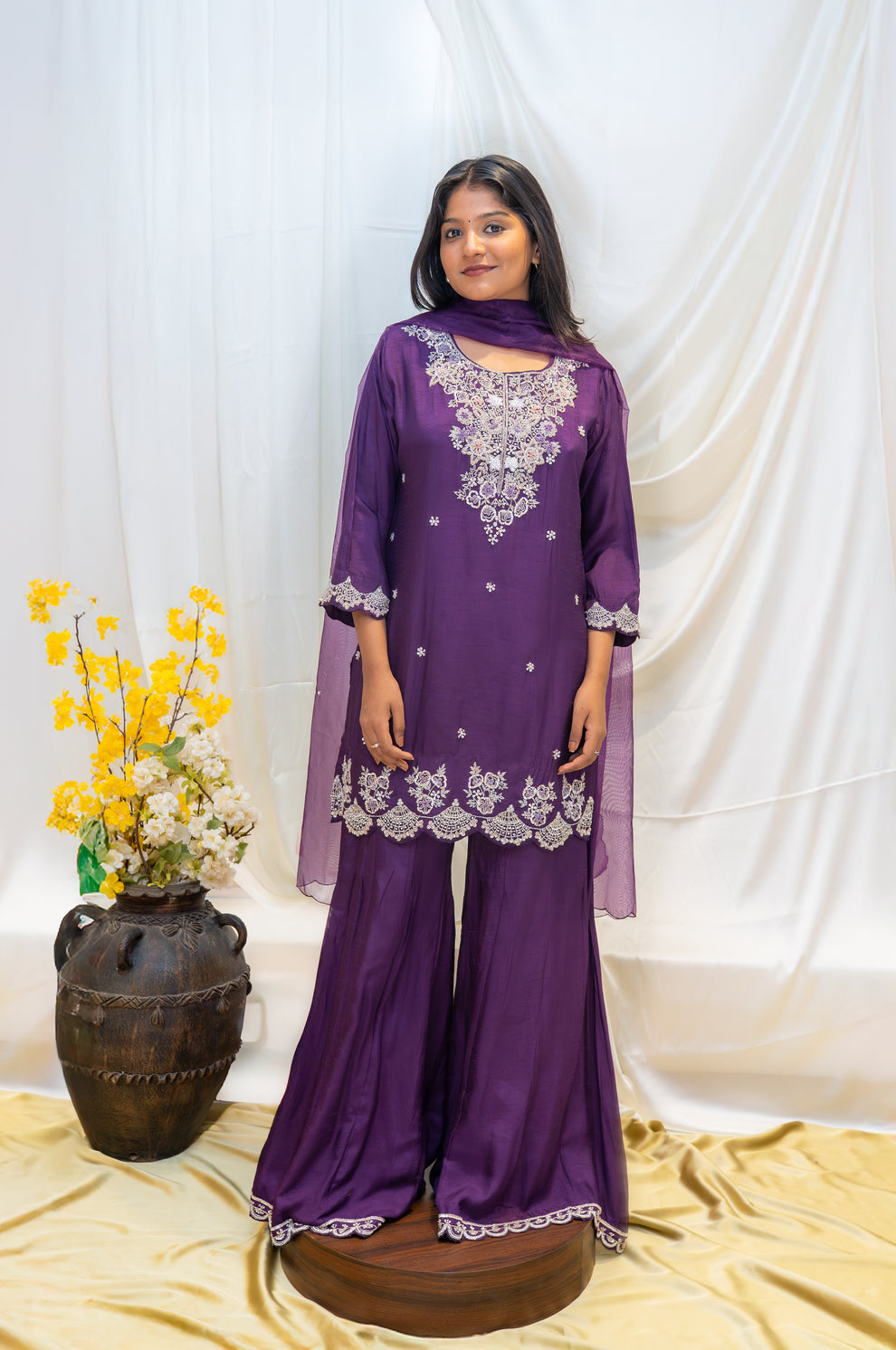 Purple Embroidered Sharara Set – Meshira