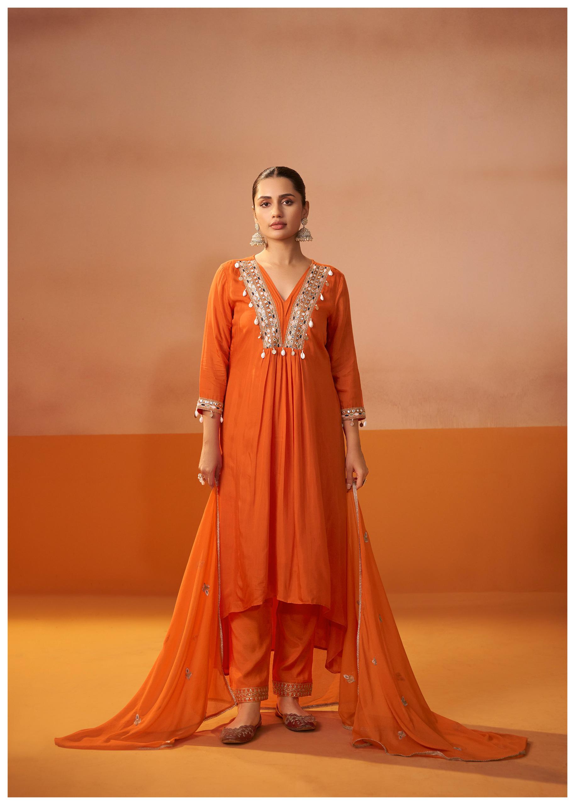 Bright Orange Embellished Kurta Set – Meshira